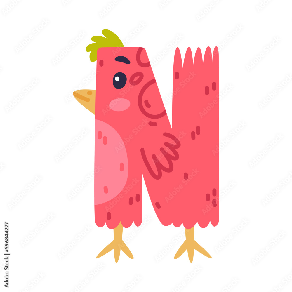 Bird alphabet N capital letter. Red consonant letter with eyes, beak ...