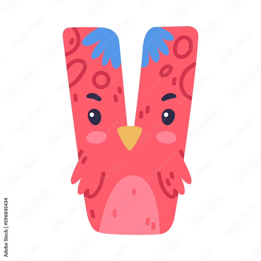 Bird alphabet V capital letter. Red consonant letter with eyes, beak ...