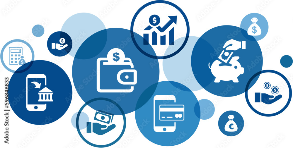 Money banking icons concept: connected cash / finance / payment symbols ...