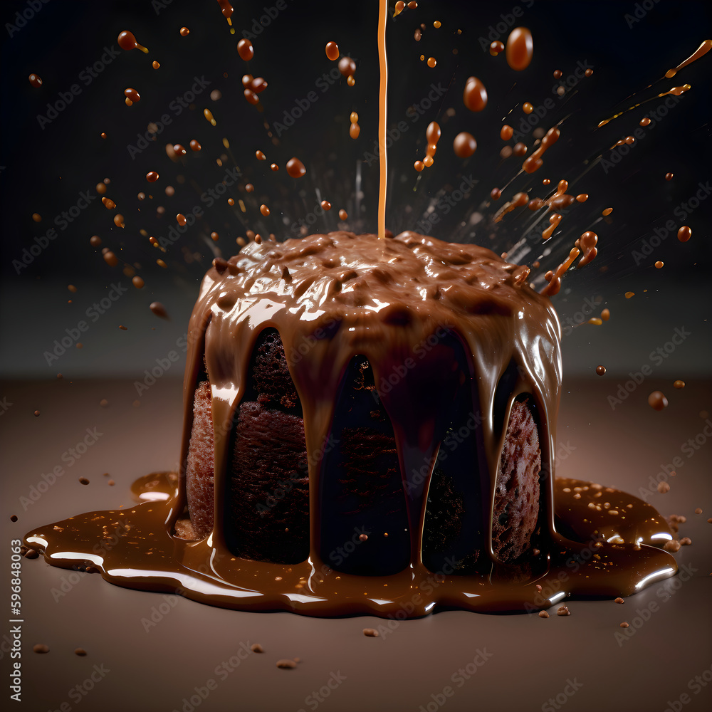 Chocolate cake with splashes and drops of chocolate on a dark ...