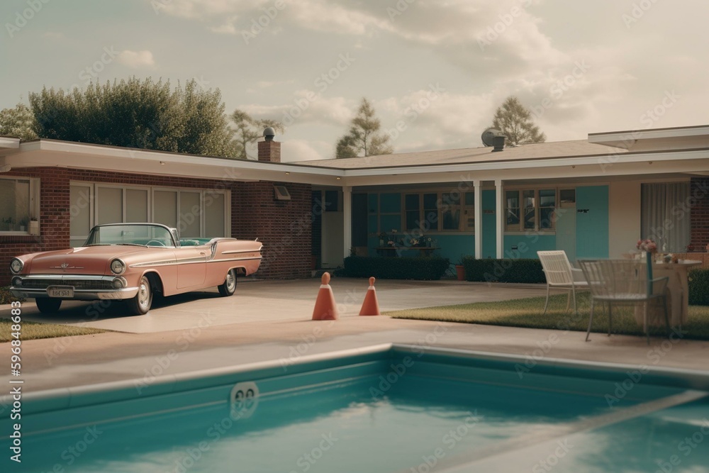 Picture of 1950s American home, features pool. Generative AI Stock ...