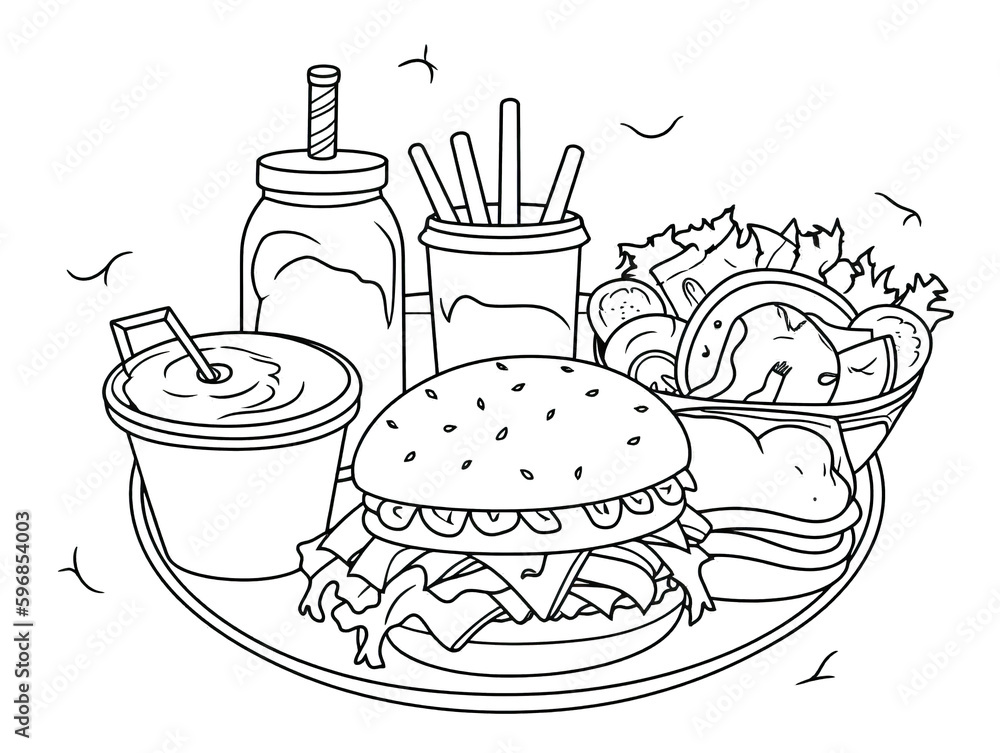 Delicioso dibujo a blanco y negro de un menú de comida rápida: un ...