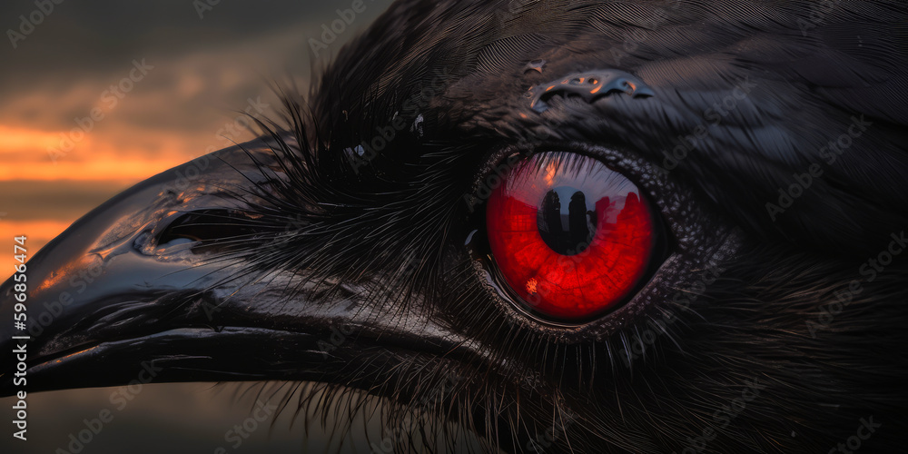 A bloody raven, in full concentration, is highly visible in this close ...