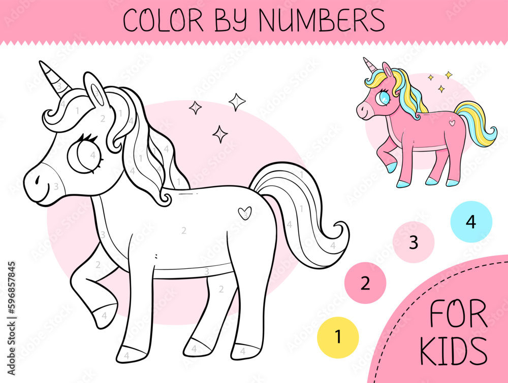 Color by numbers coloring page for kids with cute unicorn. Coloring ...