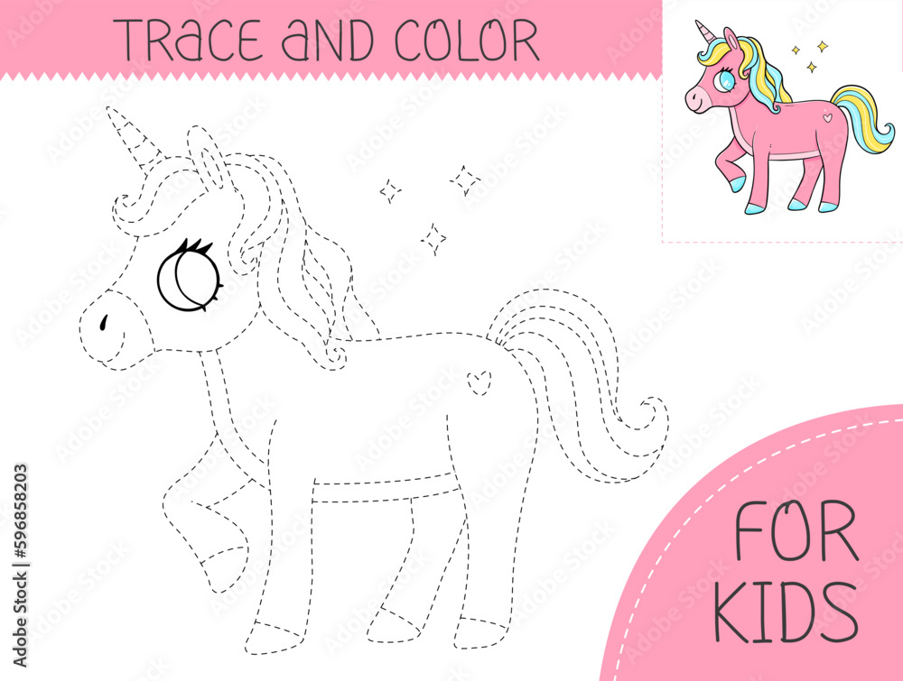 Trace and color coloring book with cute unicorn for kids. Coloring page ...