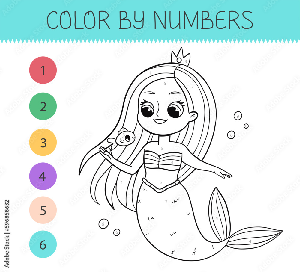 Color by numbers coloring book for kids with cute mermaid. Coloring ...