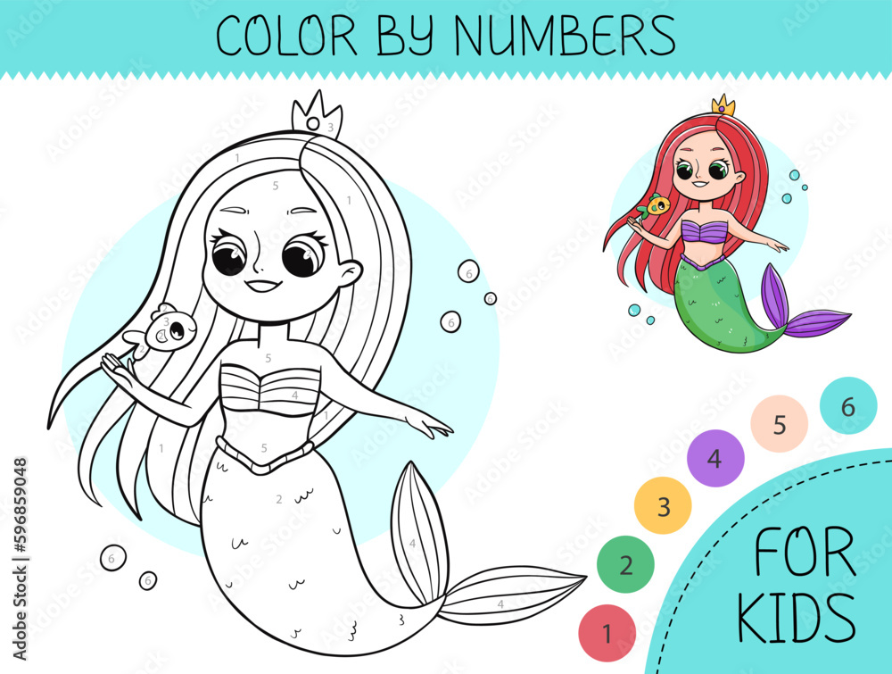 Color by numbers coloring page for kids with cute mermaid. Coloring ...