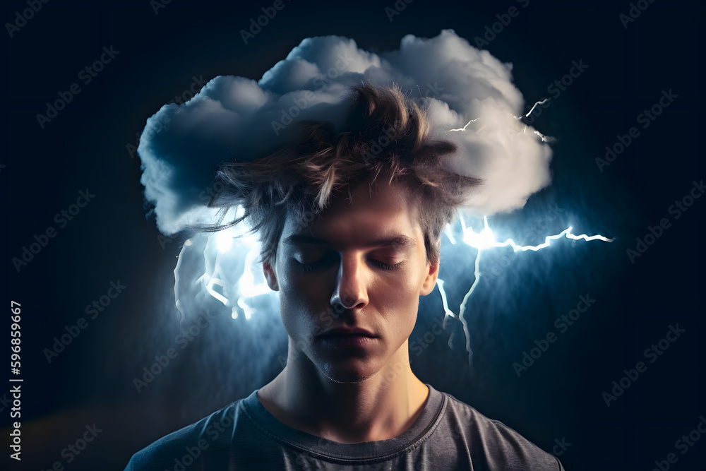 Man with dark clouded mind with bright flashes of lightning and thunder ...