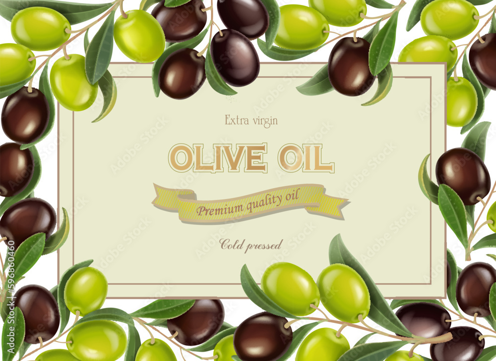 Vector horizontal banner black and green olives. Olive oil label, pac ...