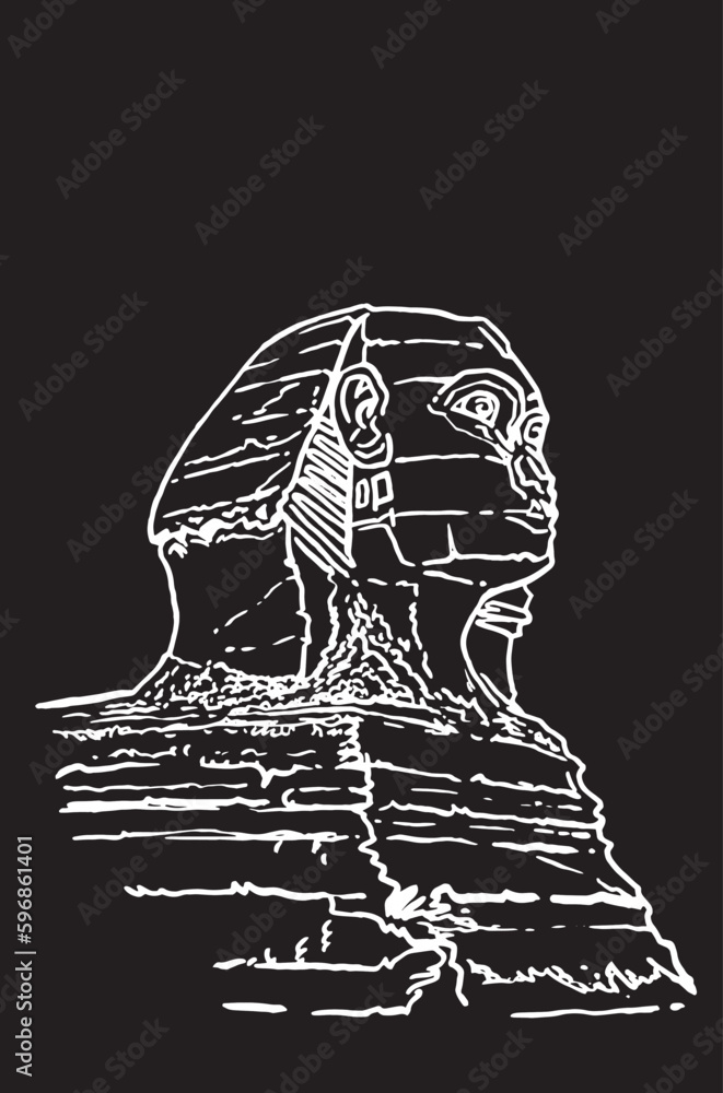 Graphical hand drawn sketch of sphinx isolated on black background ...