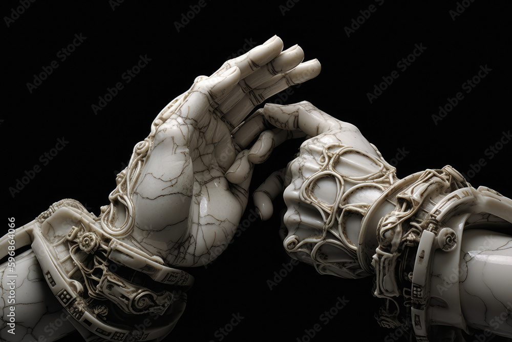 Close-up on hands, but with a robot hand. Dramatic lighting and ...