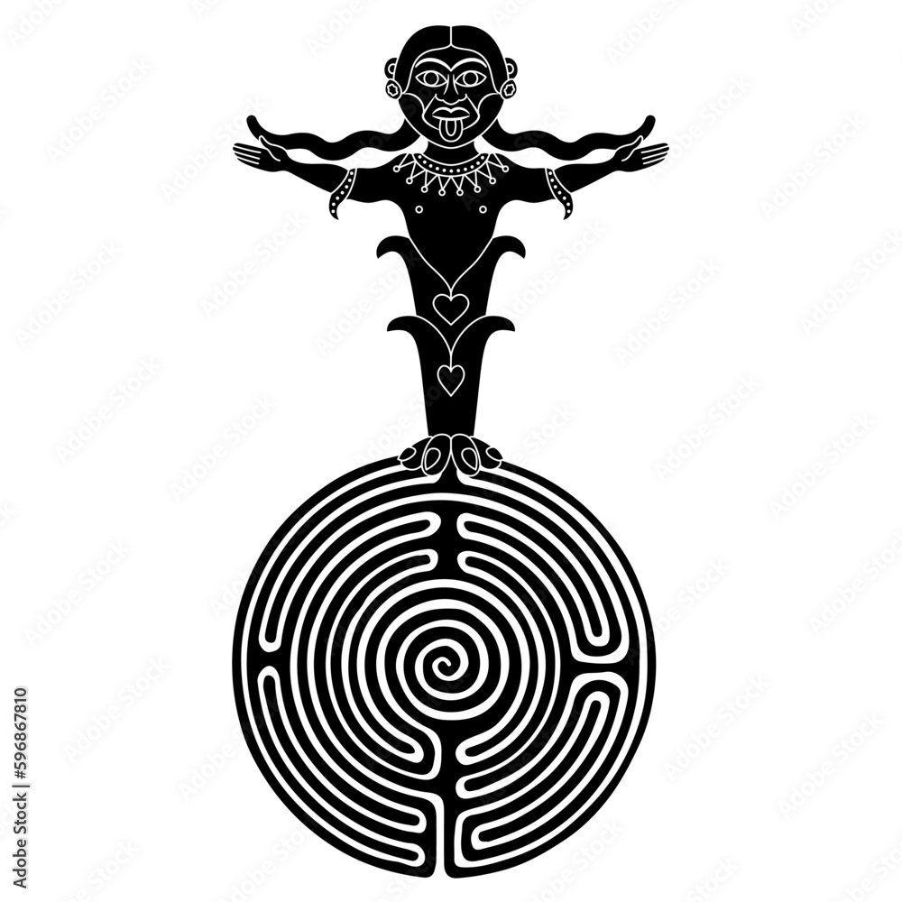 Ancient Roman goddess Fornax standing on a round spiral maze or ...