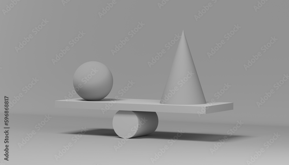 Equilibration. 3d visualization of balancing geometric shapes on a gray ...