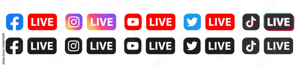 Social media live icons.Facebook live,Instagram live,Youtube live ...
