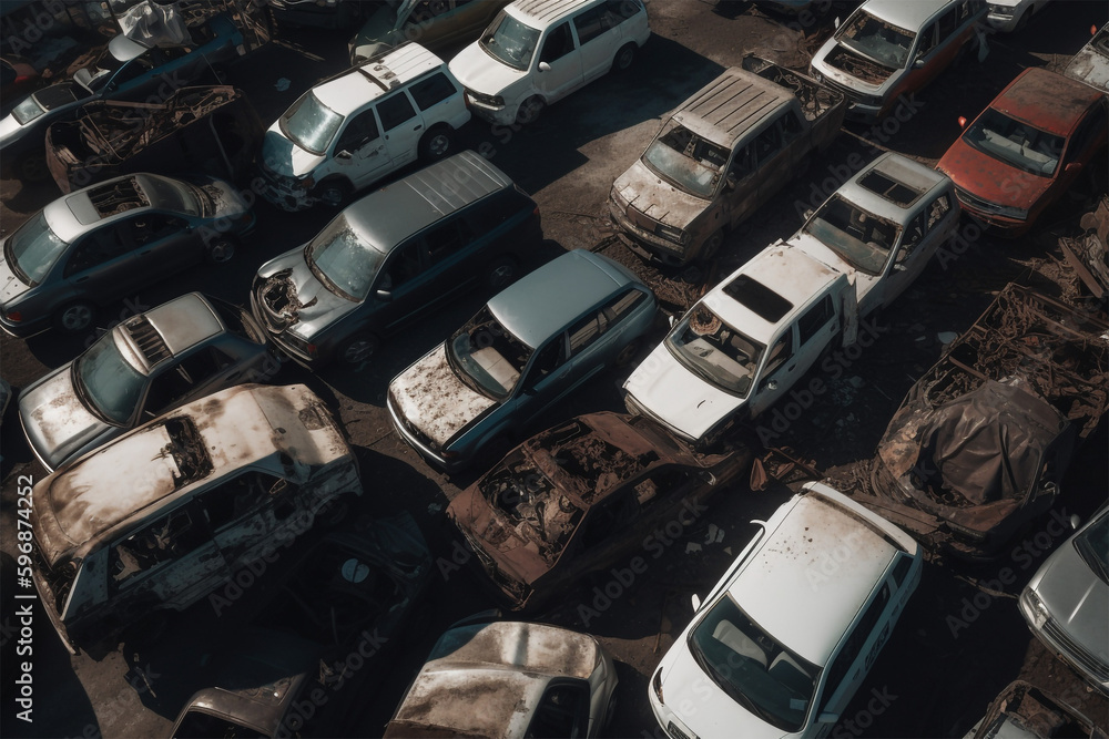 Old damaged cars junkyard. Wrecked cars after accident, graveyard ...
