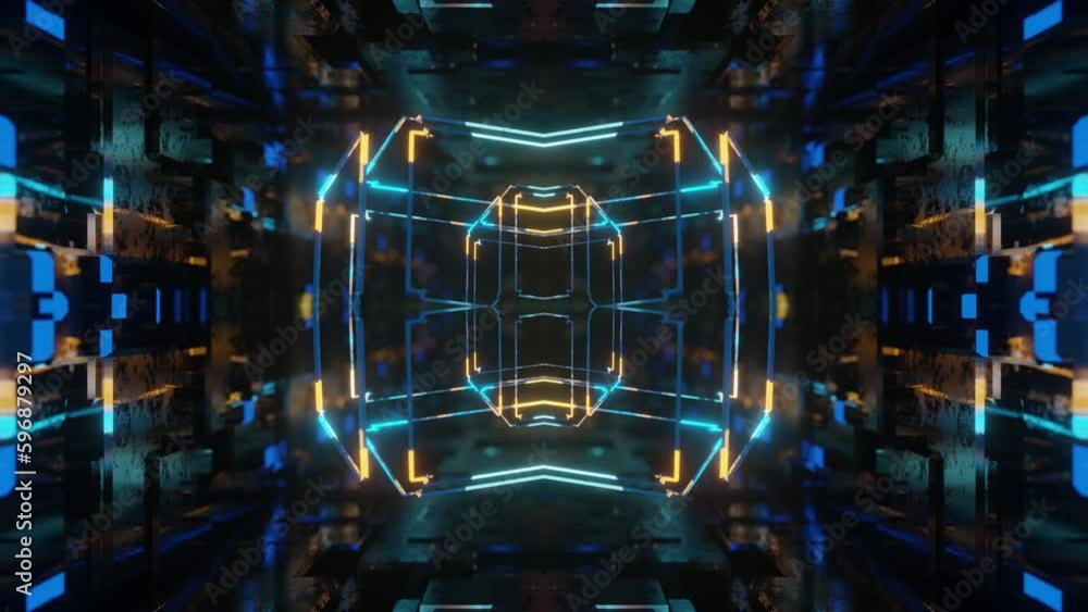 symmetrical 3d object or structure rotates and moves inside glass ...