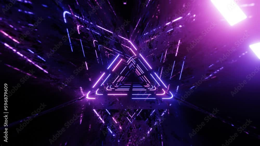triangular neon tunnel. Fly through mirror tunnel with neon pattern, glow lines form sci fi ...
