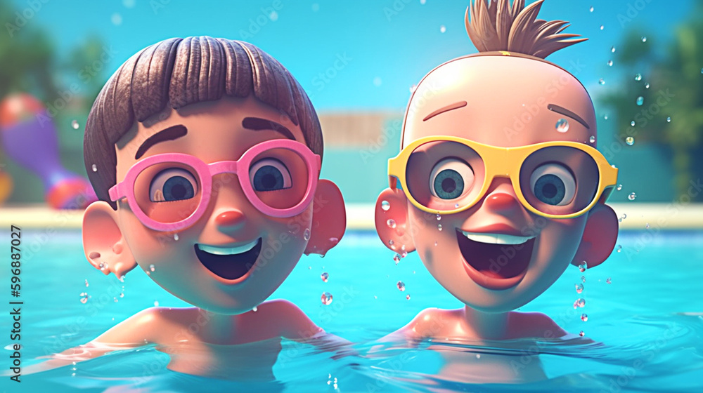 Cute children in swimming pool. watercolor illustration. cartoon ...