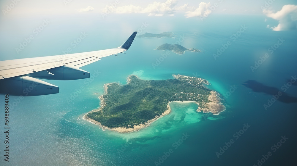 Airplane wing flying plane jet over tropical islands in ocean, view ...