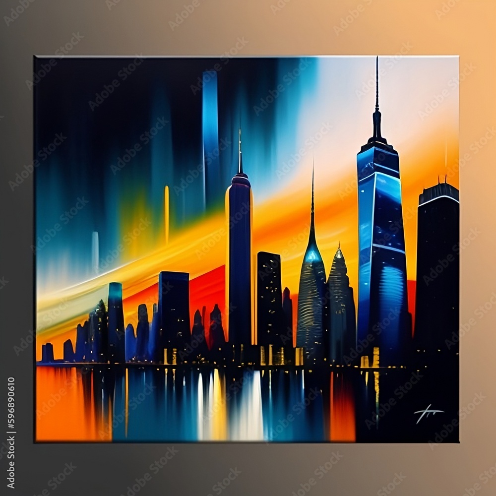 Abstract painting of a modern city skyline. Skyscraper touching the sky ...