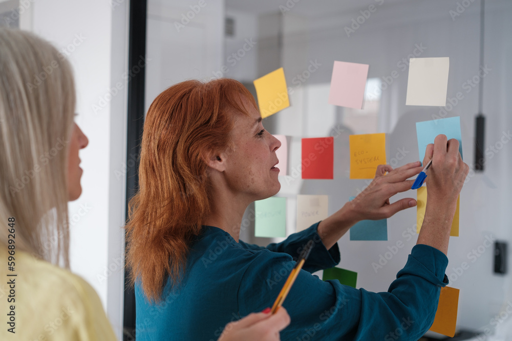 Two senior female workers brainstorming notes and writing them down on ...