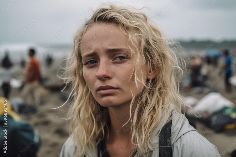close-up blonde woman, sad or nearly crying at a rice field with people ...