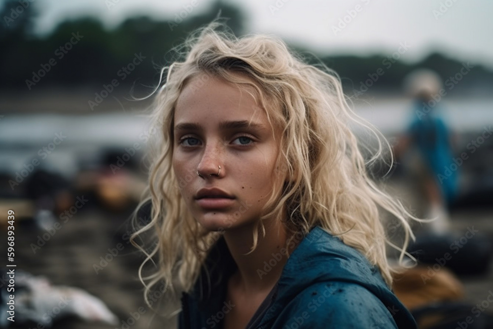 close-up blonde woman, sad or nearly crying at a rice field with people ...