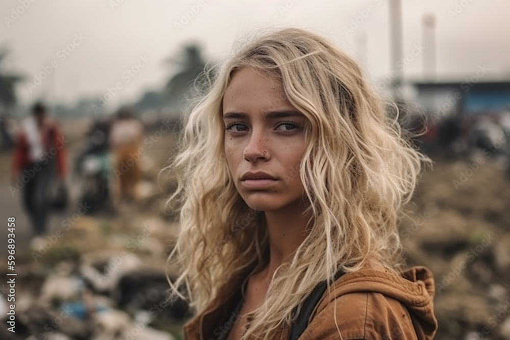 close-up blonde woman, sad or nearly crying at a rice field with people ...