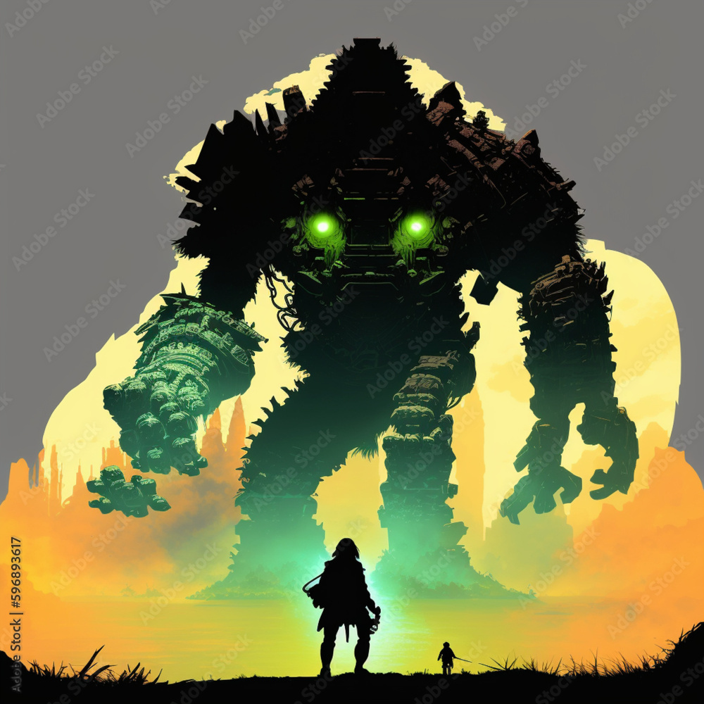 an incredible sci-fi illustration art of a colossus of shadows ...