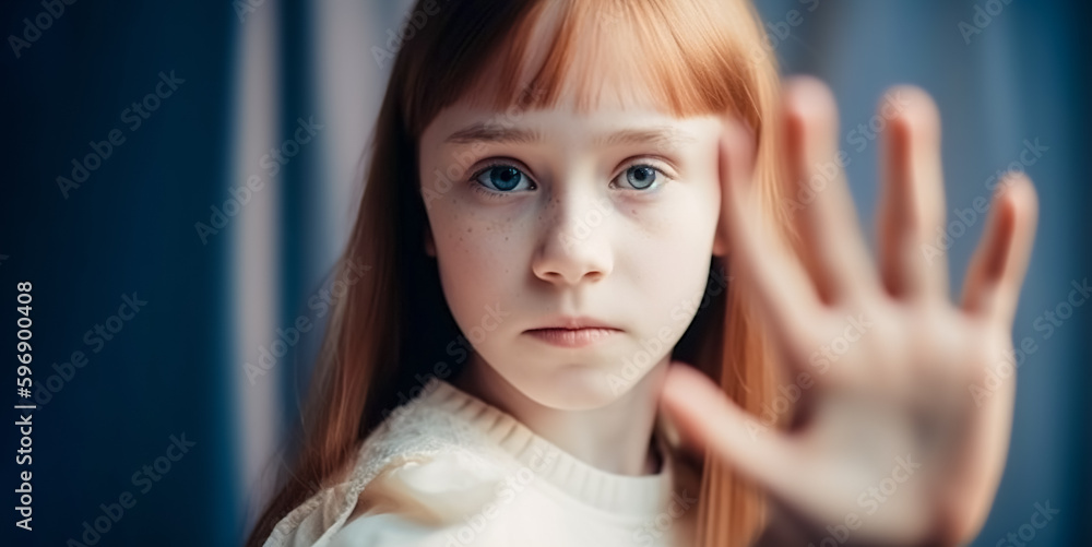 Stop gesture. Close up of girl show stop gesture sign by hand saying no ...