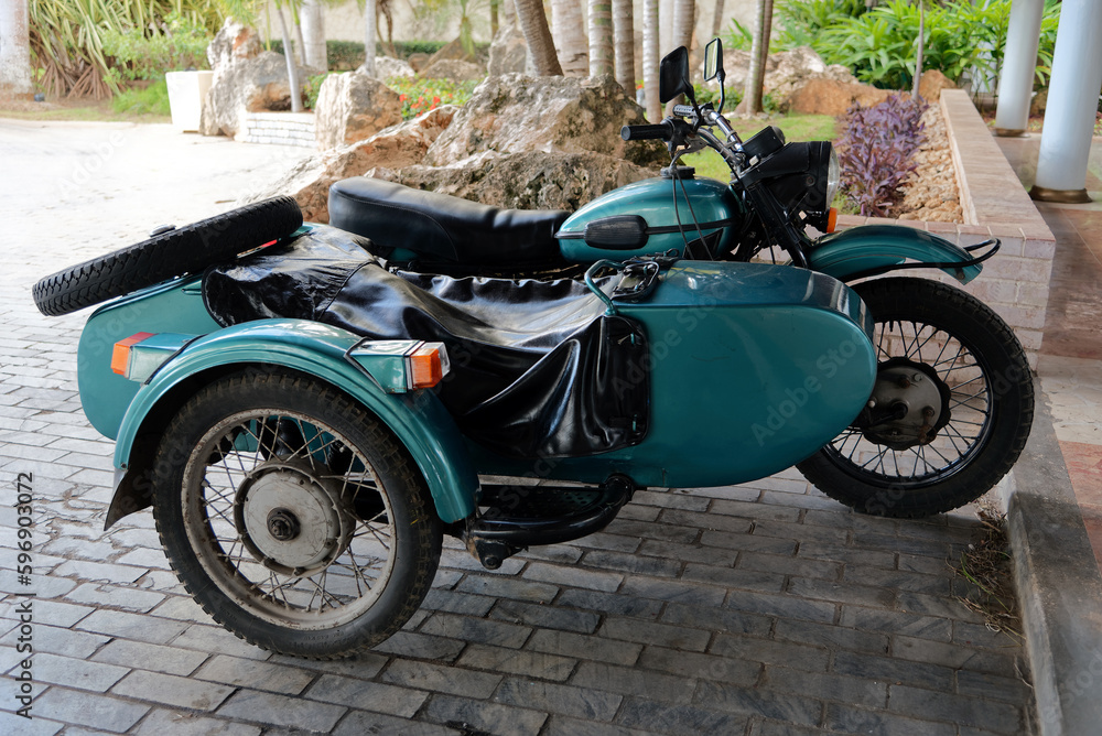 Classic Russian blue painted URAL 650 motorcycle with sidecar parked ...