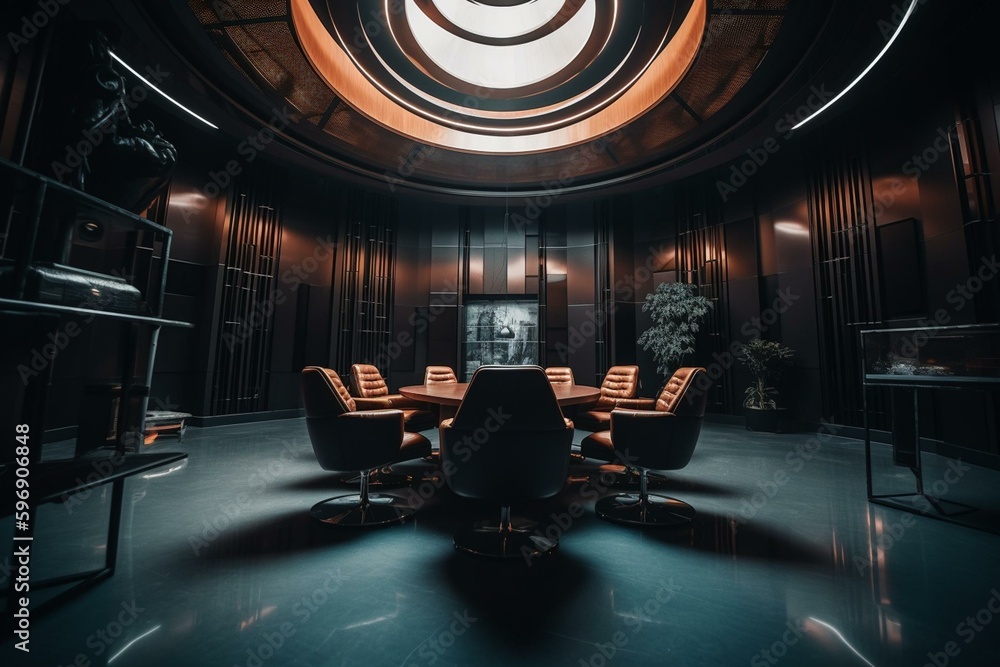A modern, luxurious, and futuristic meeting room with an advisory table ...