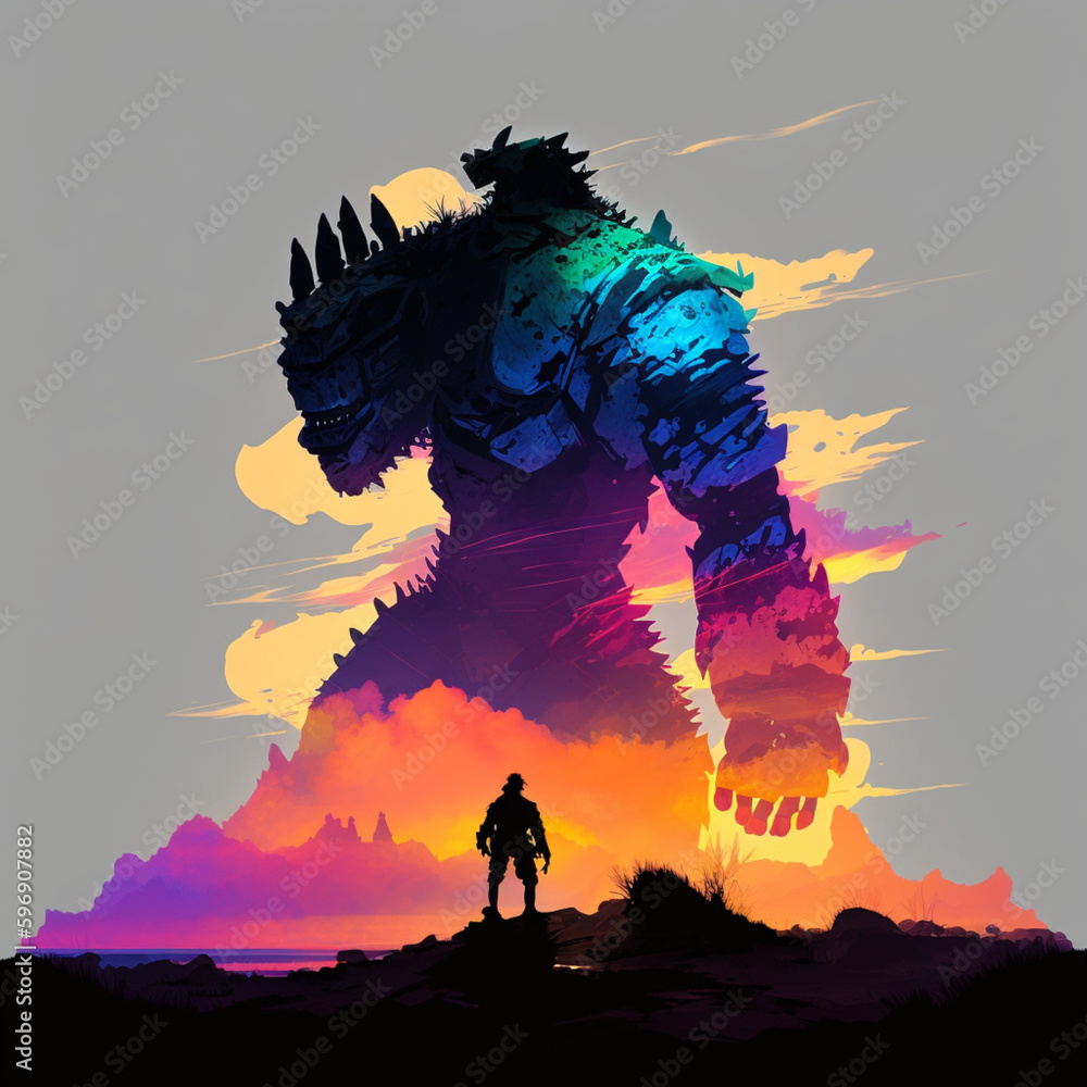 an incredible sci-fi illustration art of a colossus of shadows ...