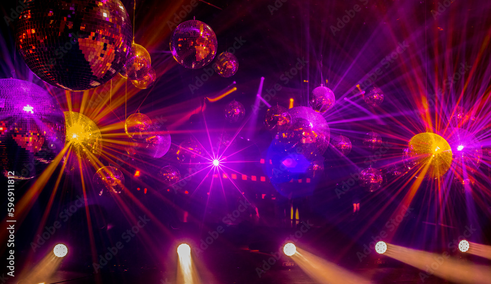 disco music show background with disco balls and colorful rays Stock ...