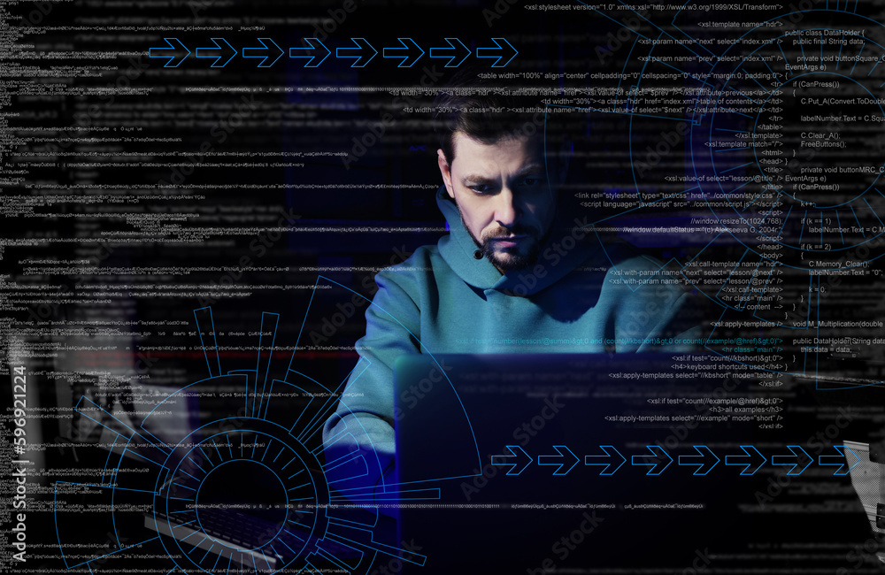 Cyber attack. Hacker working with laptop in dark room. Different ...