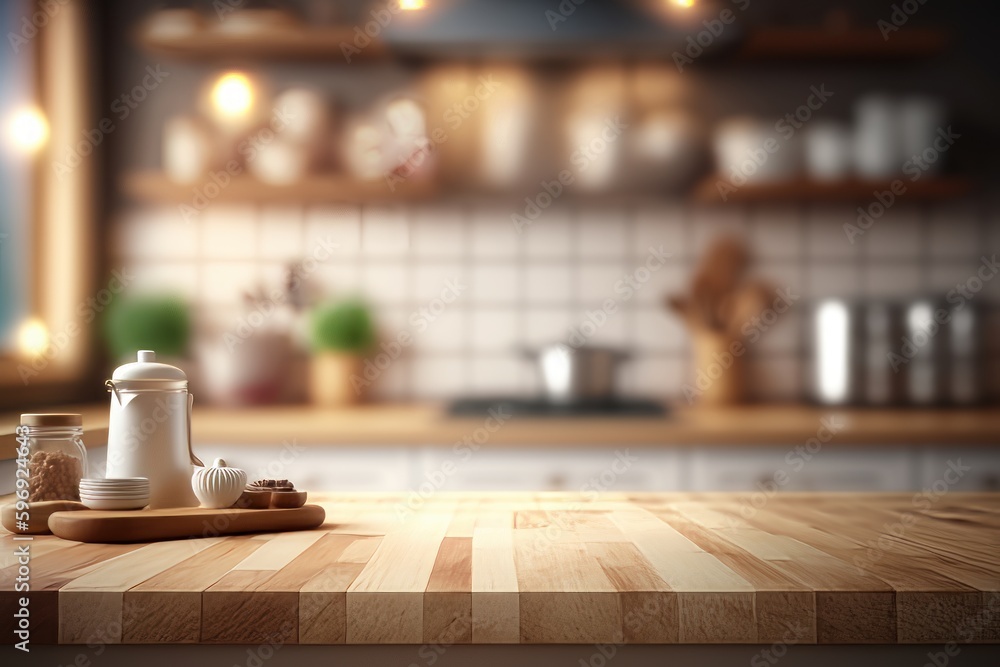 Empty wooden tabletop with blurred kitchen background. Mock up for ...