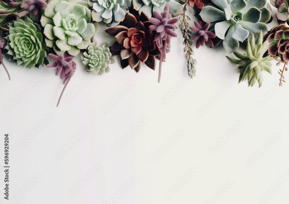 succulent plants on white background, top down view floral frame of ...