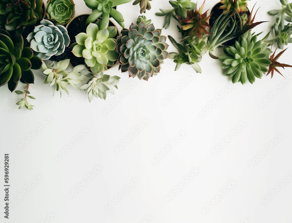 succulent plants on white background, top down view floral frame of ...