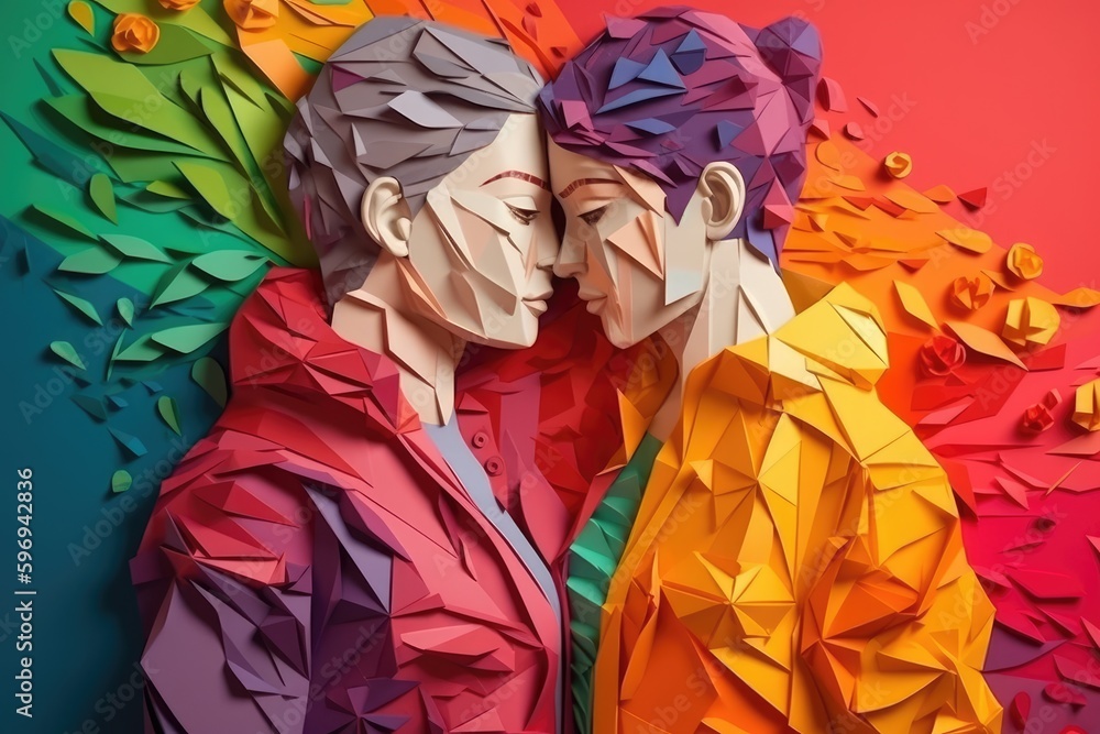Lesbian Couple Hugging Each Other Illustration In Paper Art Style For