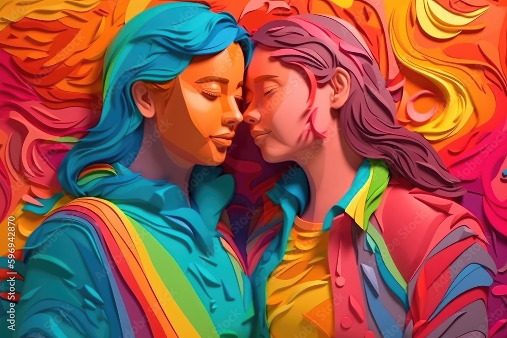 Lesbian couple hugging each other, illustration in paper art style for ...