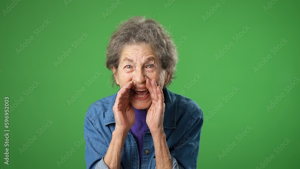 Portrait of funny happy elderly senior old woman with wrinkled skin and ...