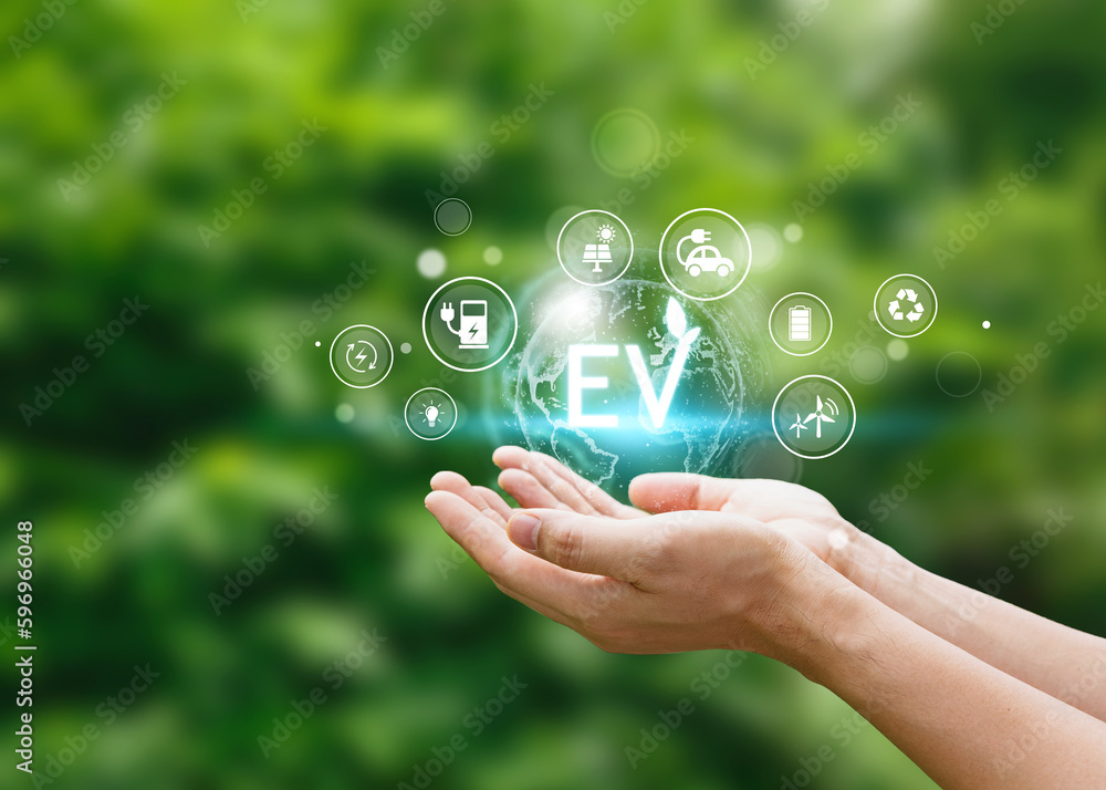 Energy EV car concept, Hand of human holding global with EV icons ...