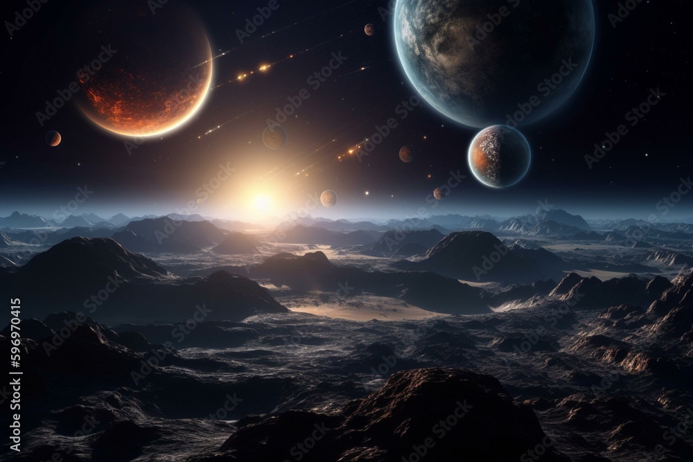 Panoramic space background of distant solar system with exoplanets ...