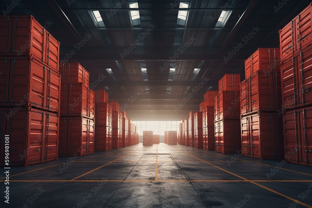 Hangar filled with closed cargo containers. Flying red boxes in empty ...