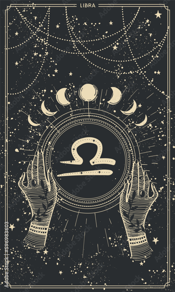 Zodiac sign Libra hand drawing, vintage boho astrology card for stories, black mystical ...