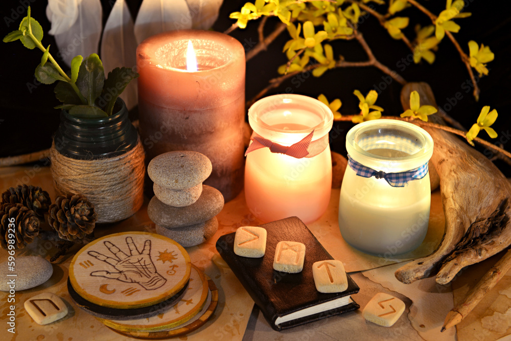 Esoteric and occult still life with vintage magic objects, runes and ...