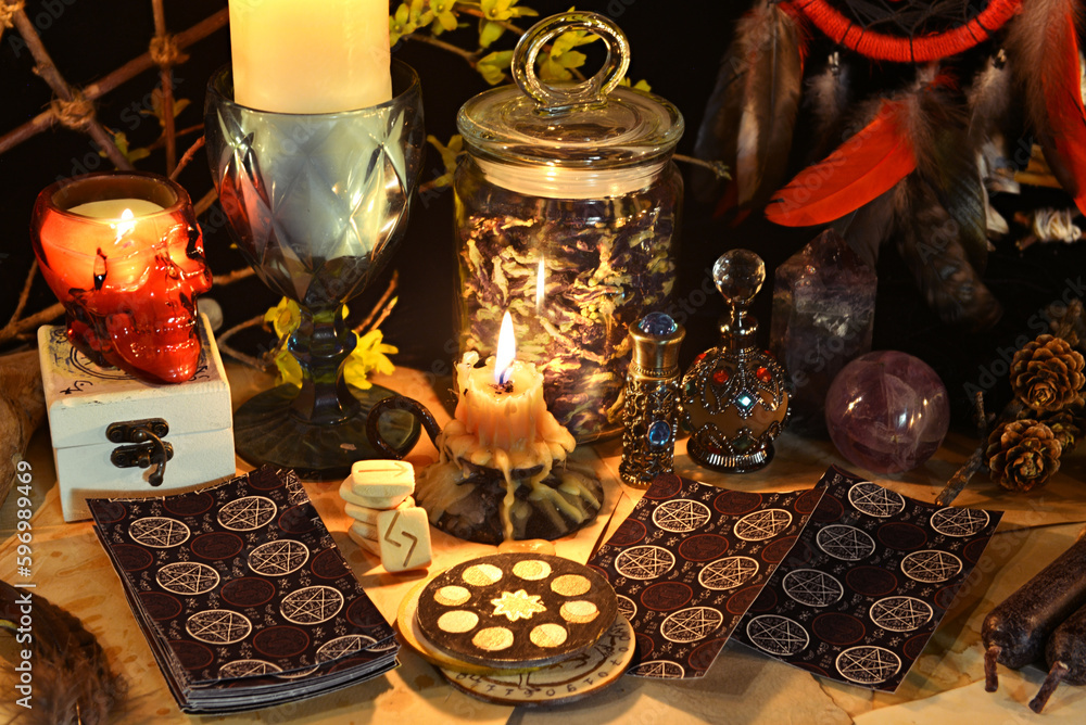 Esoteric and occult still life with vintage magic objects, tarot cards ...
