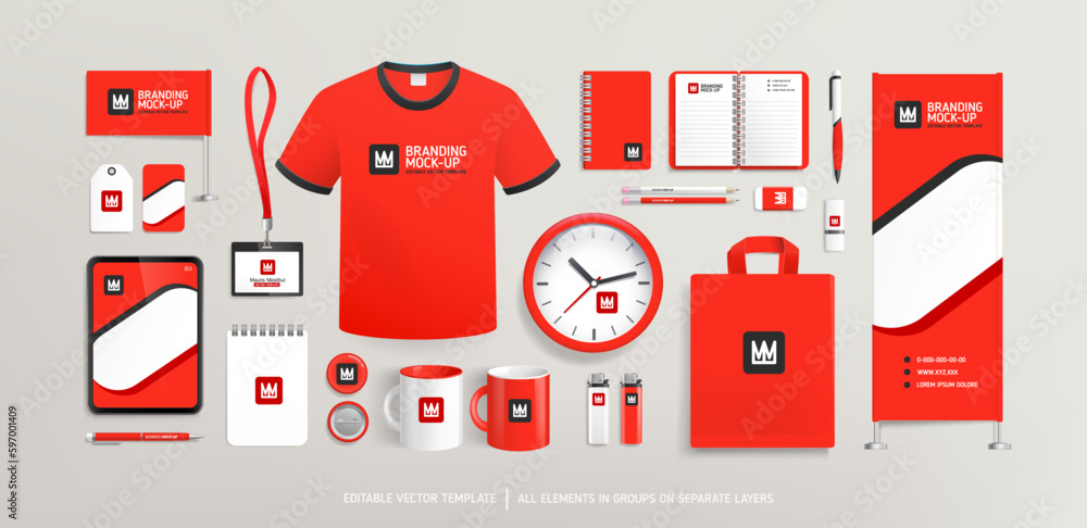 Promotional souvenirs with abstract Red Brand Identity design concept ...