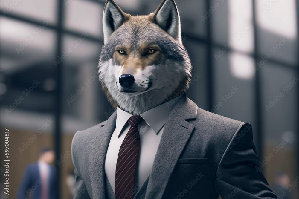 wolf with a formal suit and tie walking in city street created with ...