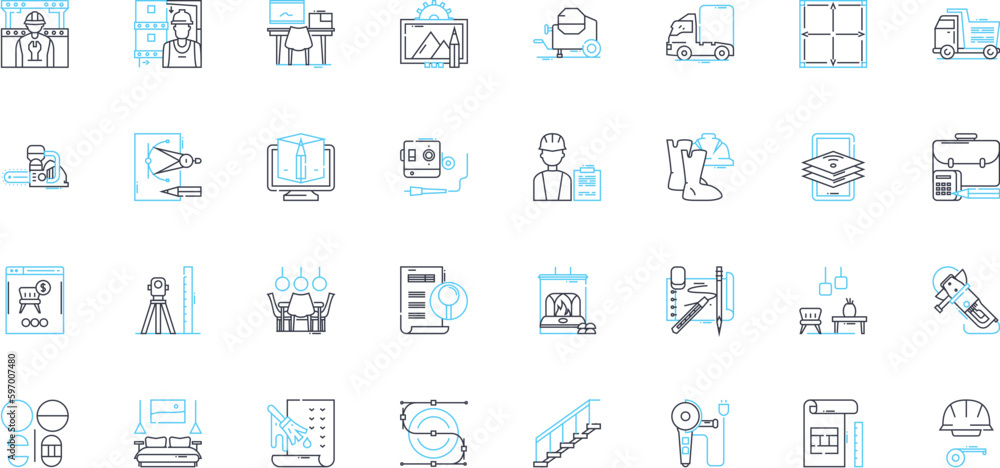 Construction supplies linear icons set. Lumber, Cement, Bricks, Steel ...